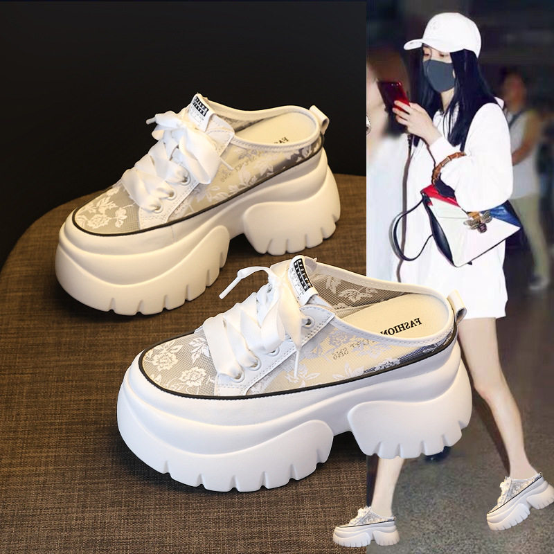 厚底网面包头半拖鞋女2026夏季新款内增高透气松糕百搭外穿小白鞋