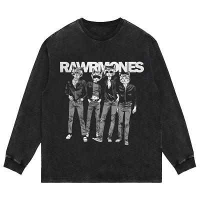 猫猫雷蒙斯Ramones 美式vintage水洗做旧重磅纯棉宽松短袖T恤卫衣