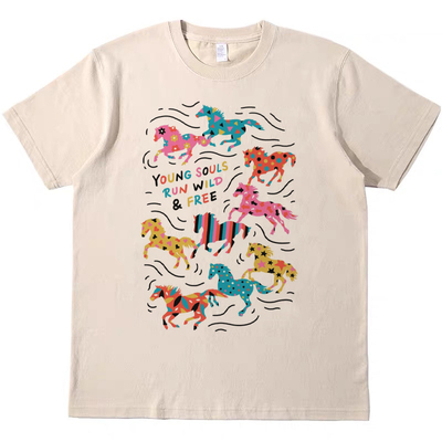 自由奔跑的马儿 直喷印花美式复古vintage短袖男女情侣T恤纯棉tee