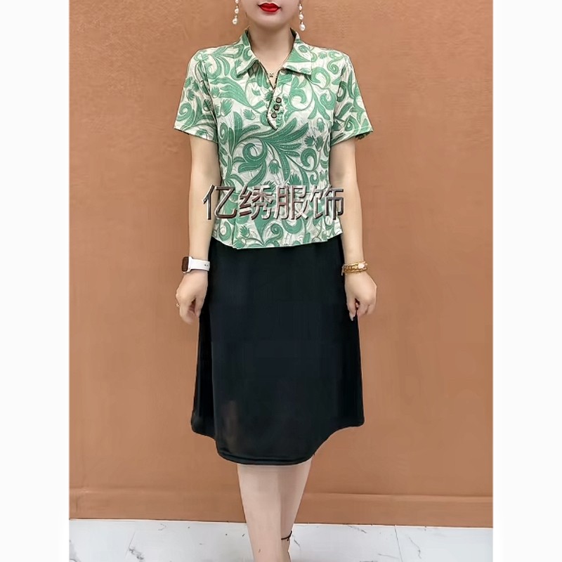 中老年女装假两件翻领短袖印花连衣裙妈妈装时尚显瘦端庄大码