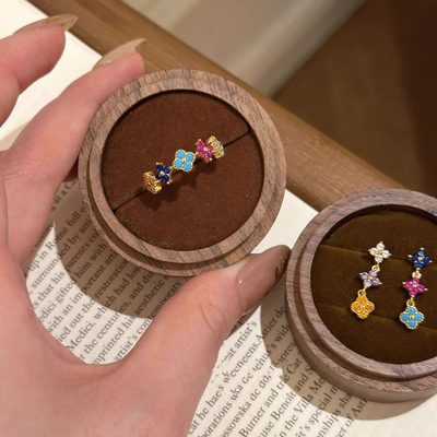 夏季新款彩虹四叶花开口戒指