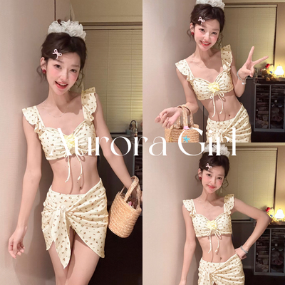 法式碎花遮肉显瘦比基尼三件套