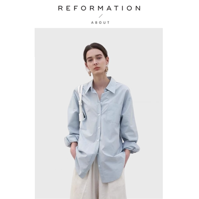 【现货】About Reformation蓝衬衫新款宽松小众蓝色长袖衬衣上衣