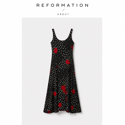 【现货】About Reformation黑底花圆领桑蚕丝无袖连衣裙法式复古