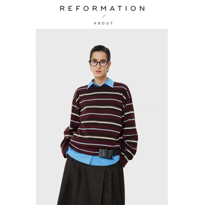 【现货】About Reformation桑蚕丝羊毛复古撞色彩条加厚针织衫