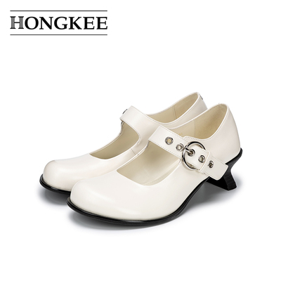 Hongkee/红科女鞋2026新款圆头粗跟浅口单鞋玛丽珍小皮鞋H566S101