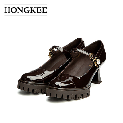 Hongkee/红科单鞋女2025年新款时尚气质高跟浅口玛丽珍鞋H075S300
