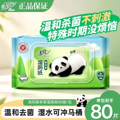 清风湿厕纸80片温和抑菌不刺激无香熊猫款湿水可冲家庭装 BWB80WX