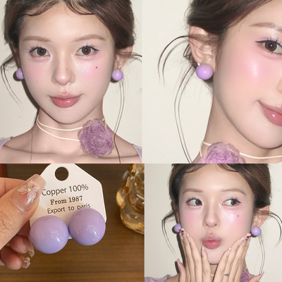 巨显白！小清新糖果色圆球耳钉女春夏芋泥紫韩系气质简约甜美耳环