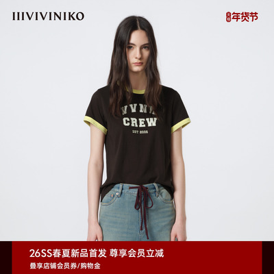 IIIVIVINIKO2026春新款简约学院风字母印花撞色T恤女M610530367A