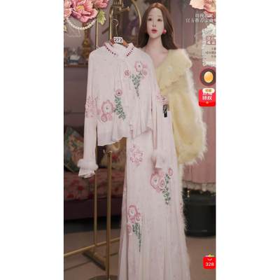 0109直播272高端年货狂欢新品白桃粉国风上衣半裙2件套80-120