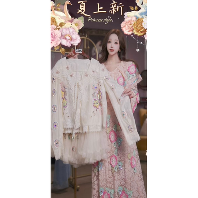0719直播305高端超级88新品奶昔白上衣短裤刺绣2件套80-120