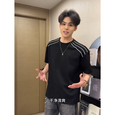 黑色美式三杠拉条boxy短袖T恤男