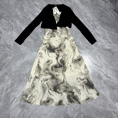 3.12IYF 春夏气质水墨风温柔吊带裙棉里外套小披肩两件套