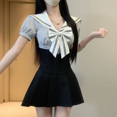 IQCQ韩系学院风撞色短袖衬衫套装