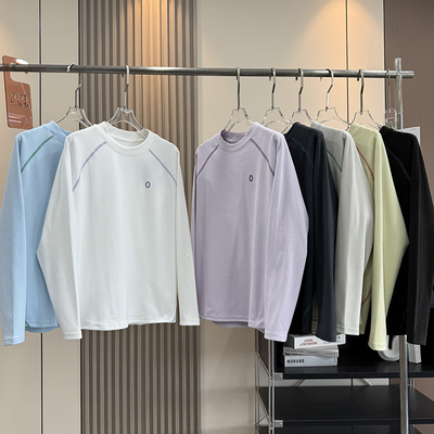 大厂订单！男女情侣秋冬拼接撞色舒适柔软抓绒长袖T恤磨毛打底衫