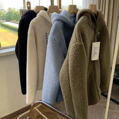 加厚保暖摇粒绒连帽毛毛外套女冬