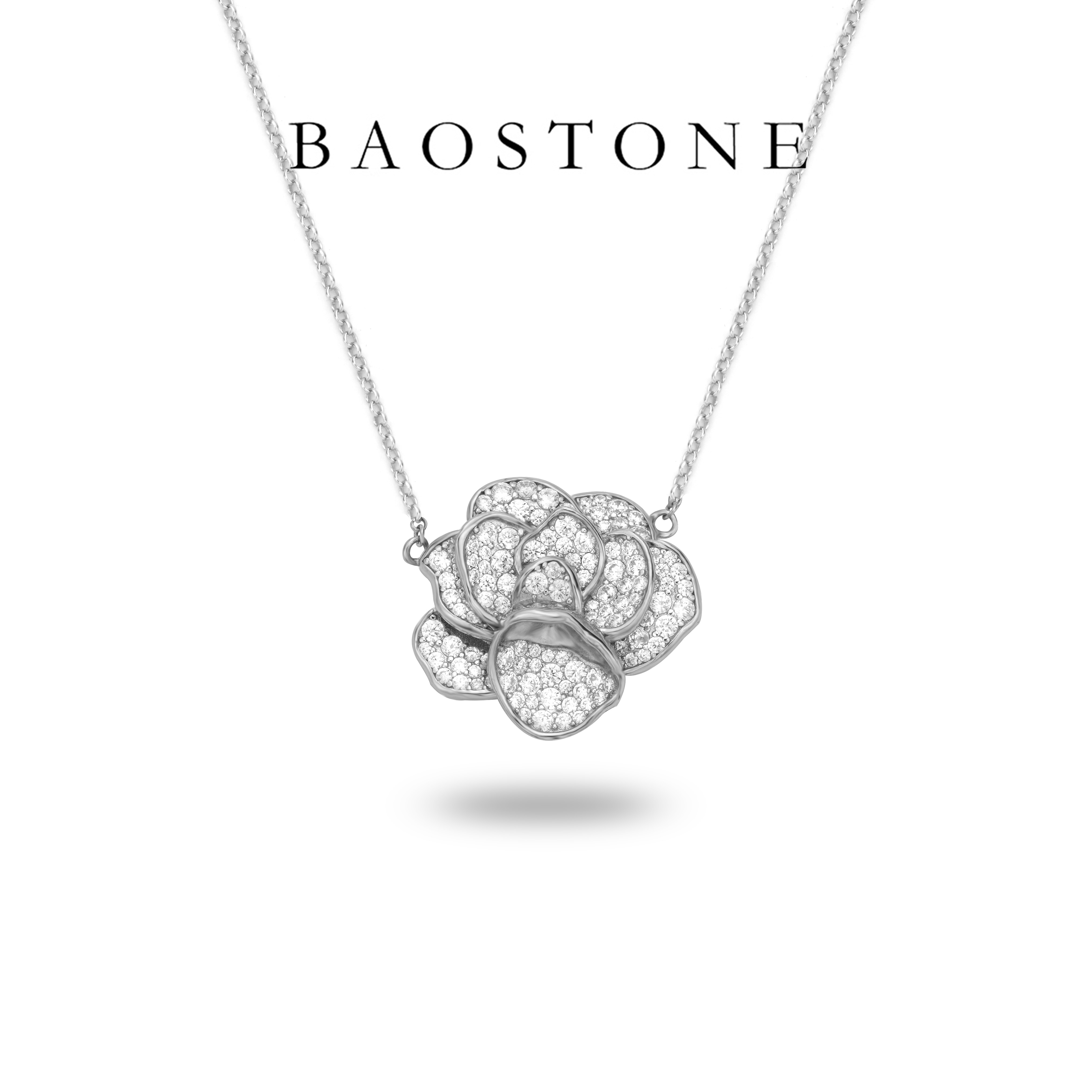 BAOSTONE 坠链通体925银合成锆石【山茶花项链】气质白色轻奢礼物
