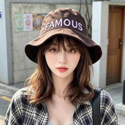 韩代深棕色VISITOR刺绣渔夫帽