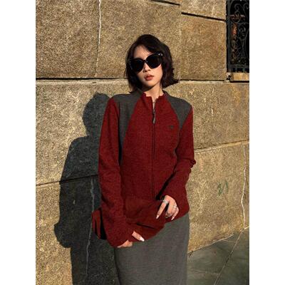 Qian.J深圳南油2026冬季立领拉链针织开衫女撞色修身显瘦毛呢上衣
