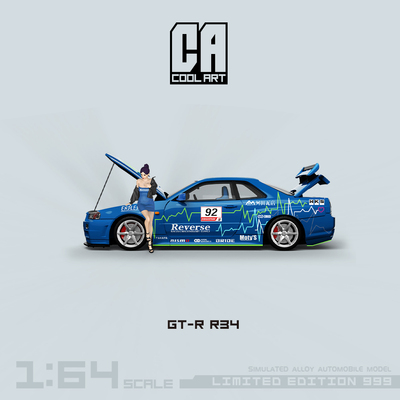 COOL ART 1:64 GT-R R34 开盖版蓝色赛车涂装仿真合金汽车模型