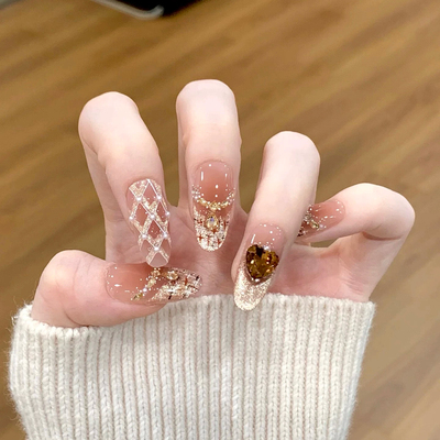 高级感香槟猫眼腮红成品手工美甲