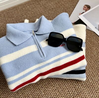 miu系穿搭2025新款条纹毛衣女秋冬宽松慵懒针织衫翻领半拉链外套