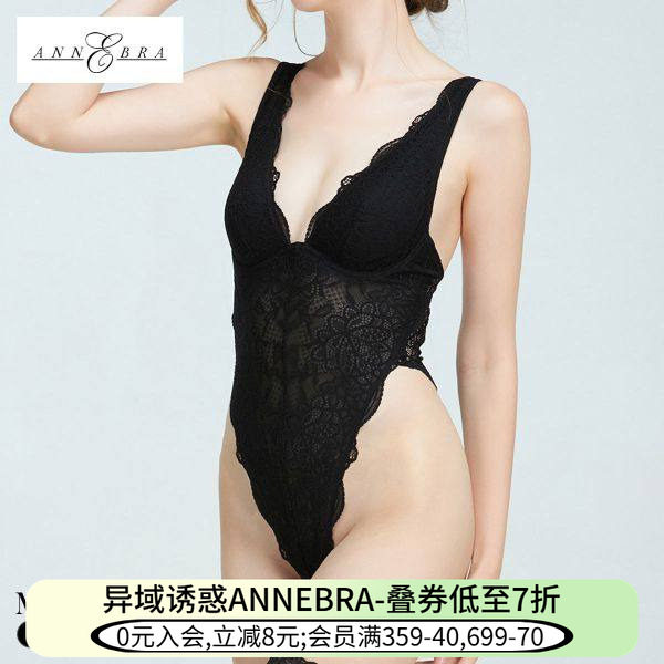 ANNEBRA连体内衣女透肤蕾丝性感深V有胸垫内搭上衣丁字T裤Melodie