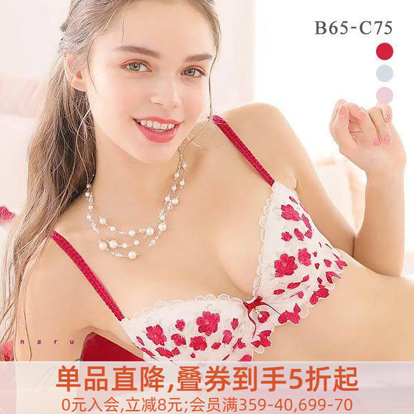 日本NARUE内衣女小胸聚拢上托收副乳可爱刺绣性感纯欲情人节文胸