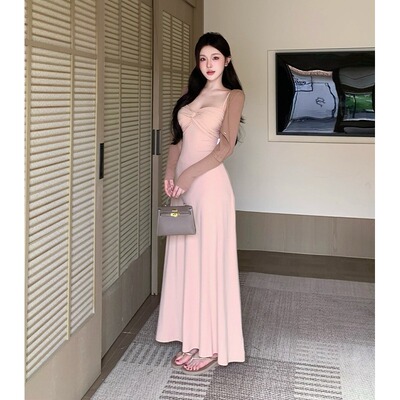 法式温柔扭结收腰V领吊带连衣裙长裙+修身长袖开衫气质两件套女秋