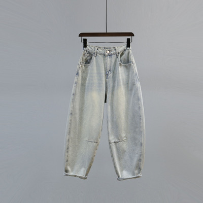 浅蓝色复古哈伦弯刀牛仔裤女