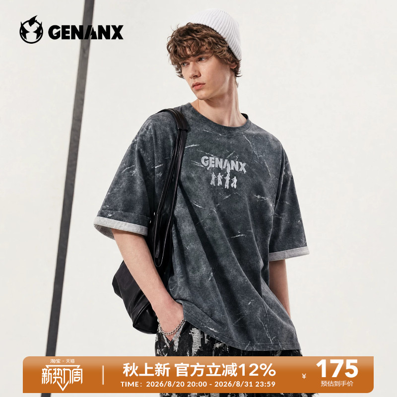 GENANX闪电潮牌水洗扎染短袖2026夏季新款撞色卷边潮字母人像T恤