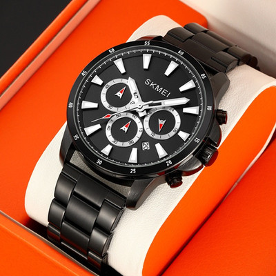 时刻美新款商务不锈钢三眼六针防水男士QUARTZ WATCH石英计时手表