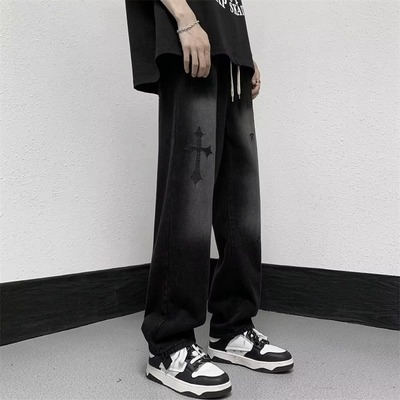 高街十字架刺绣牛仔裤男款美式复古潮牌hiphop潮流直筒痞帅老爹裤