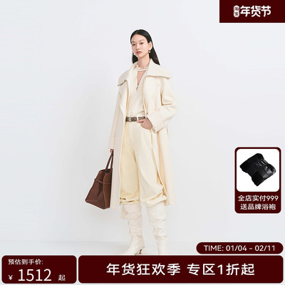 【商场同款】HPLY荷比俪冬季新款女毛织翻领拼接收腰系带大衣