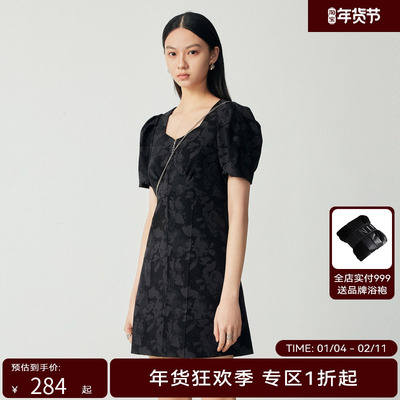 H·GENTEEL荷高新秋装女简约收腰豹纹泡泡袖连衣裙GUD34750570