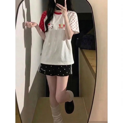 休闲时尚两件套装夏季新款美式潮流宽松圆领短袖t恤+高街直筒短裤