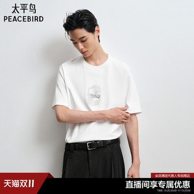 【商场同款】太平鸟男装 休闲T恤男士时尚刺绣白t体恤衫B1CNG4229
