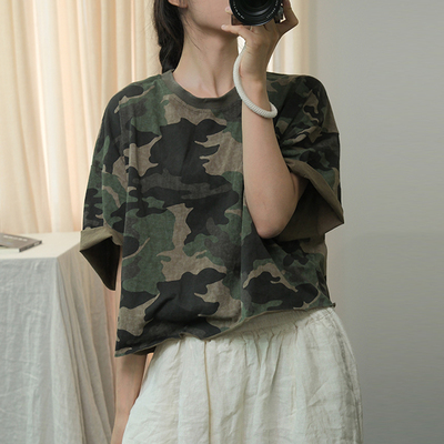 短袖民族风常规迷彩棉女T恤