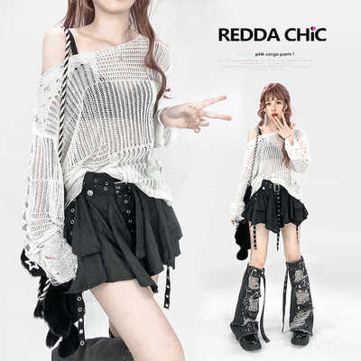 针织白色辣妹镂空露肩罩衫