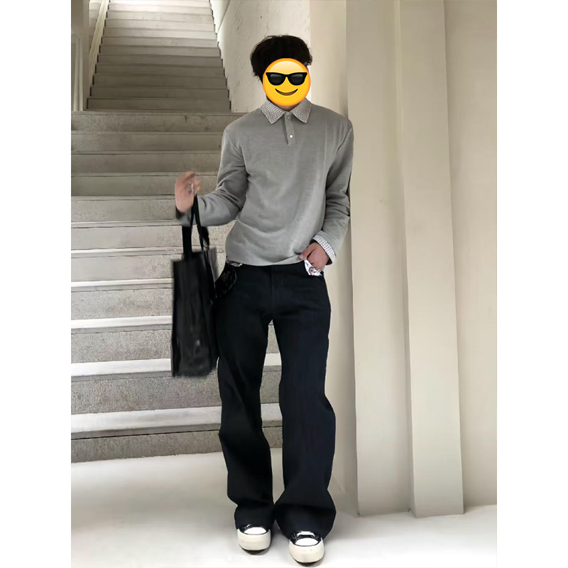 白灰色假两件格纹polo衫卫衣男款美式cleanfit高智感miu系长袖t恤