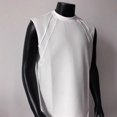 STA GTAL黑色小领口boxy背心男美式拼接太空棉重磅硬挺内搭无袖