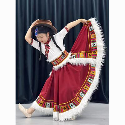 新款儿童藏族舞蹈演出服练习裙藏族舞次仁拉索女童考级舞蹈大摆裙