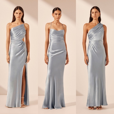 蓝色缎面婚礼伴娘服轻礼服姐妹团伴娘裙显瘦鱼尾高级感艺考主持人