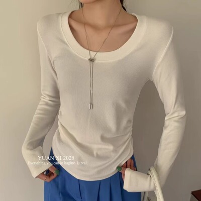 YUAN XI元熙8069春新设计感U领褶皱修身螺纹长袖T恤女打底衫上衣
