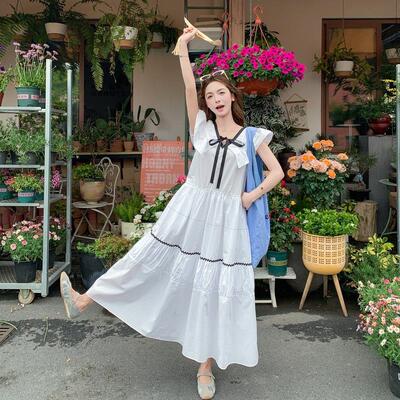 系甜美松韩初弛感小飞袖连衣裙B165-523女夏新款休闲时领尚收腰长