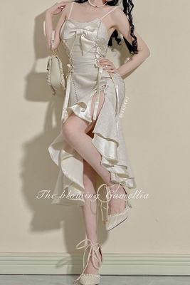 新中式山茶花吊带鱼尾裙重工