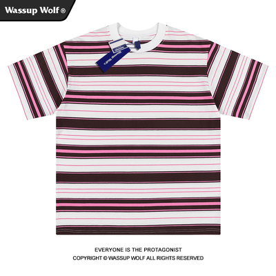 WassupWolf复古条纹短袖T恤男