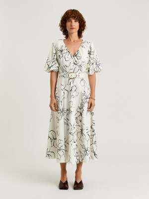 澳洲新款vm纯元出口 V领短袖印花中长款挺阔版正女士连衣裙