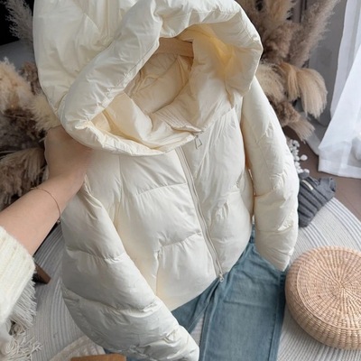 米白色短款连帽棉服外套女2025年冬季新款冬装棉衣面包服保暖棉袄